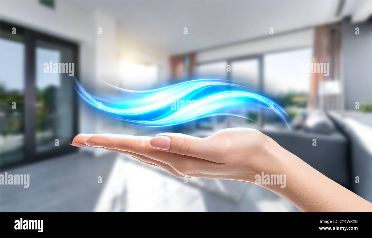 Hand holds a light wave of fresh clean air. Fresh scent and air ...