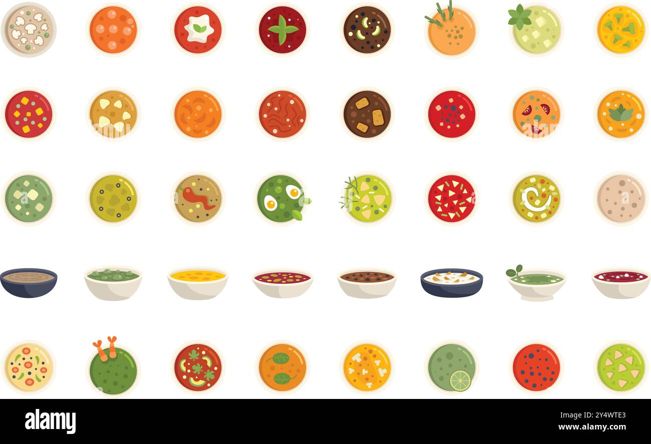 Soup icons set featuring a variety of flavors and ingredients, perfect ...