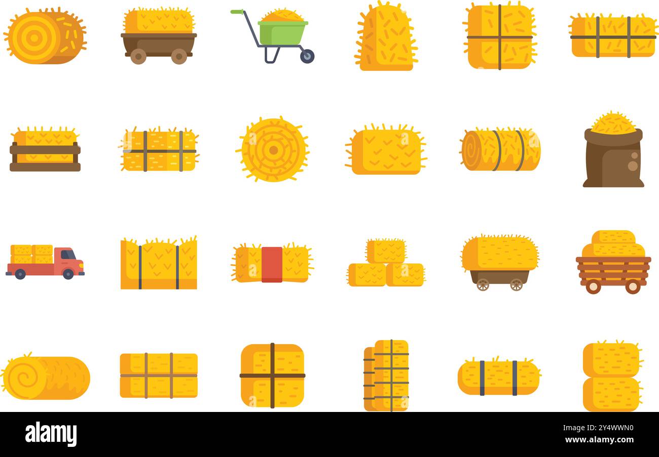 This set of icons shows hay bales being harvested, stored, and ...