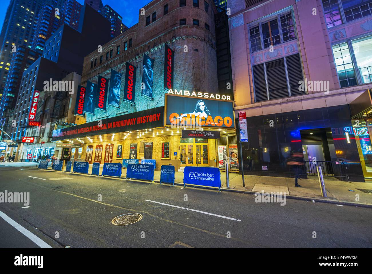 Ambassador Theatre facade with Chicago musical sign at night, New York ...