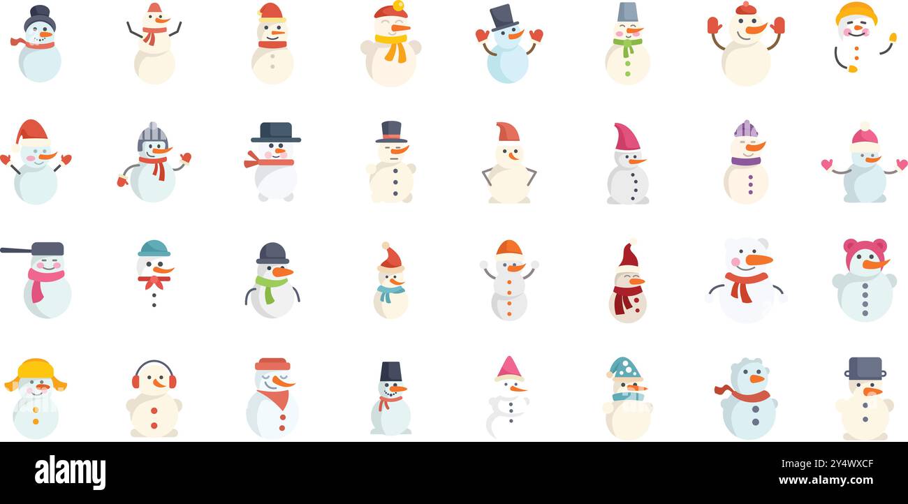 Big set of cute snowman characters wearing hats and scarves enjoying ...