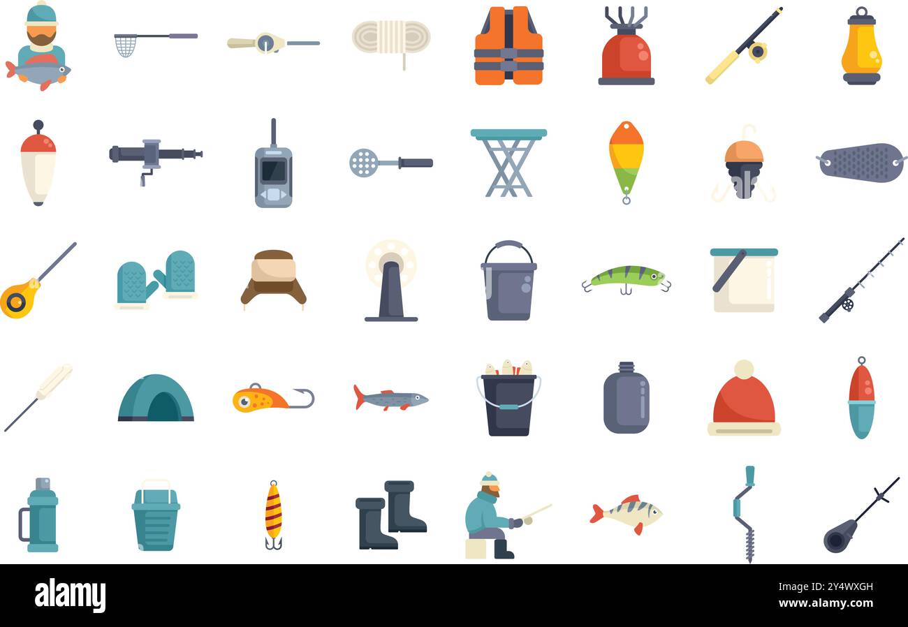 Large set of colorful icons for fishing showing a fisherman holding a ...