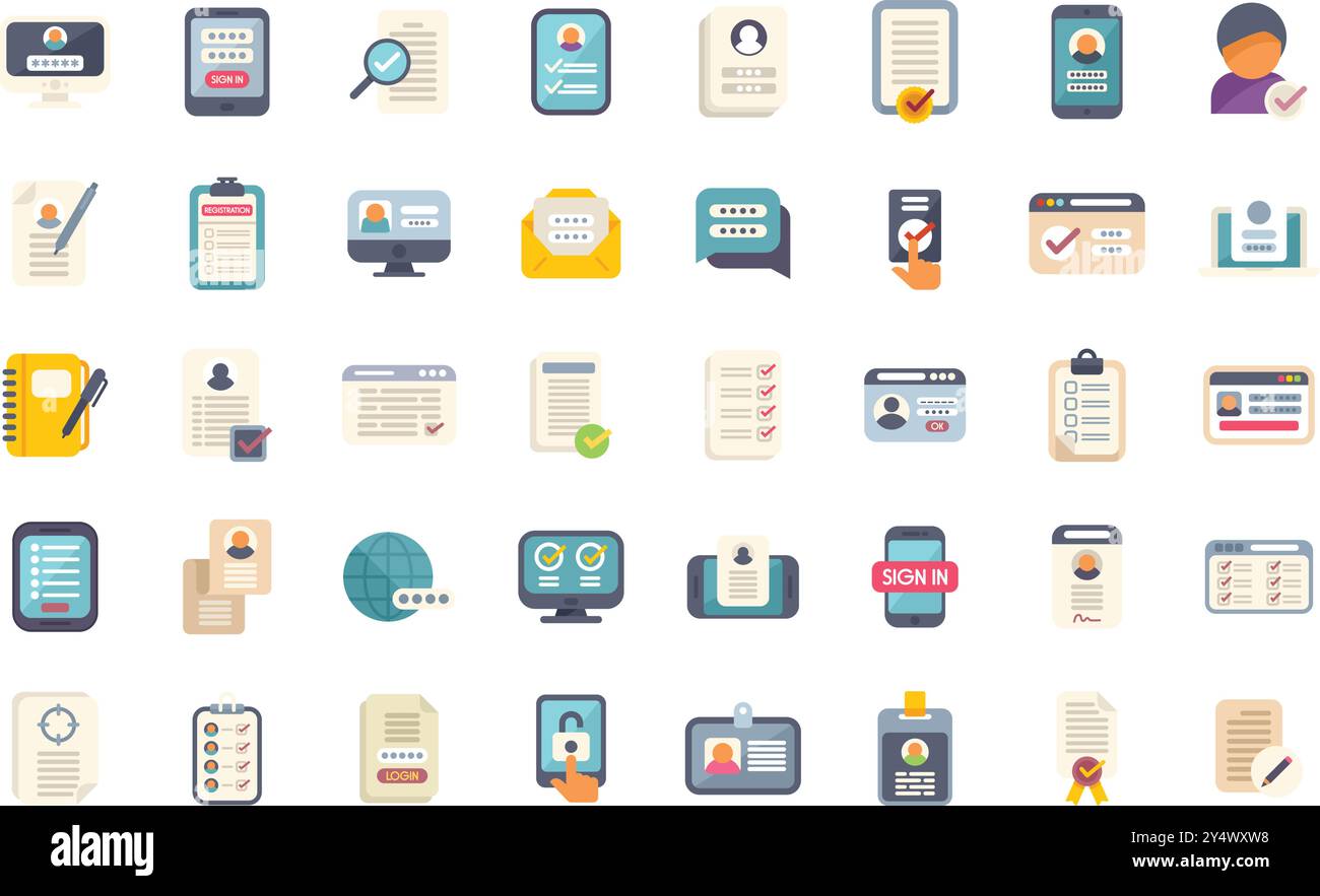 Large set of vector icons depicting people registering online, logging ...