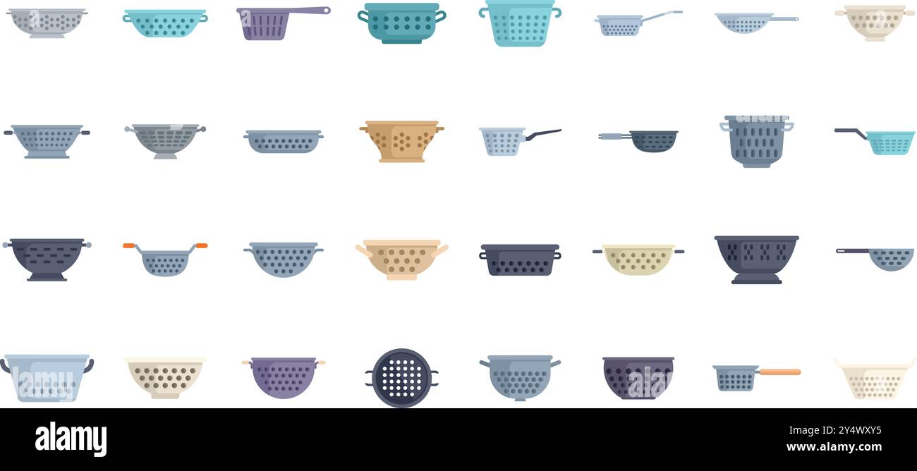 Set of different colanders for cooking, kitchen strainer icons in flat ...