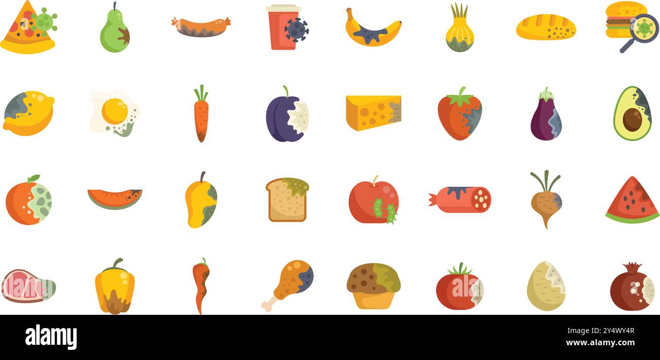 Set of food poisoning icons, showing expired products with mold and ...