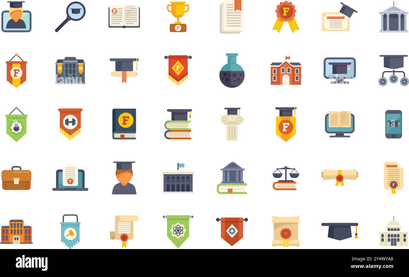 Large set of university icons representing different faculties with a faculty member searching ...