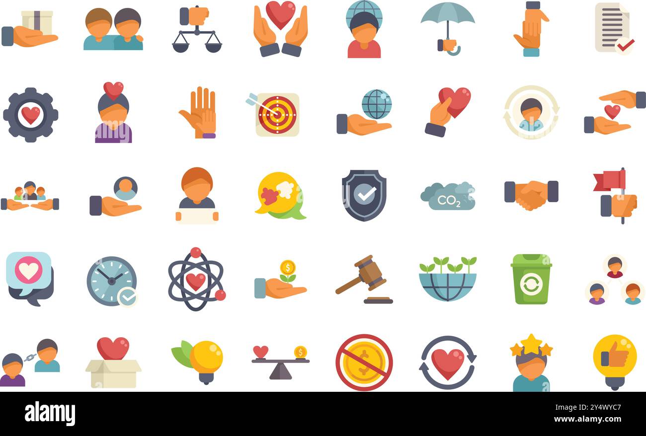 Diverse icon set representing core values such as ethics ...