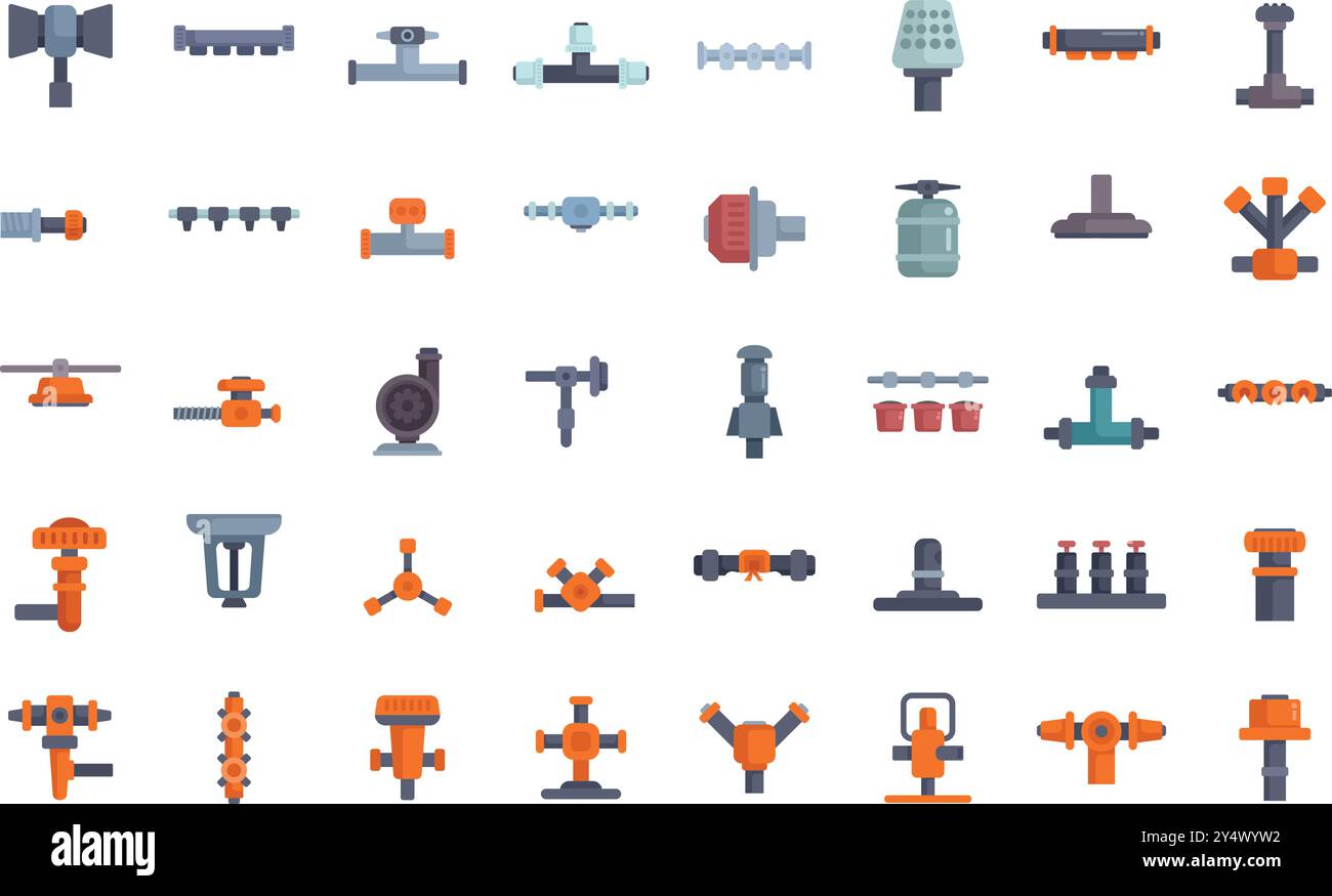 Set of plumbing elements showing different connecting pipes and valves ...
