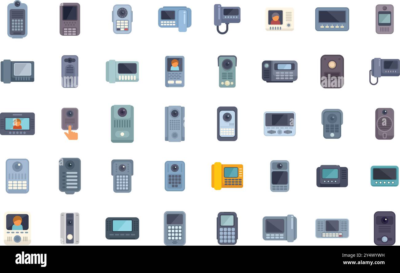 Large set of modern intercom icons showing different types of intercoms, in a flat design style ...