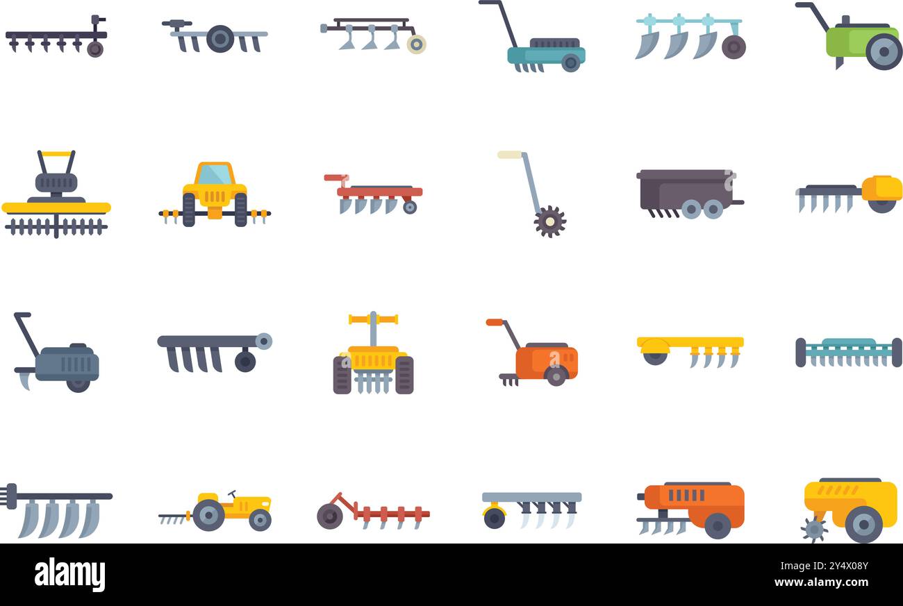 Set of colorful icons depicting various agricultural machines used for ...