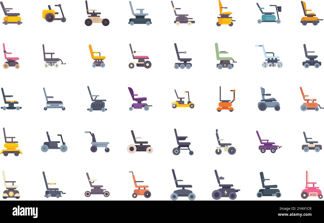 This set of electric wheelchair icons is representing various types of ...