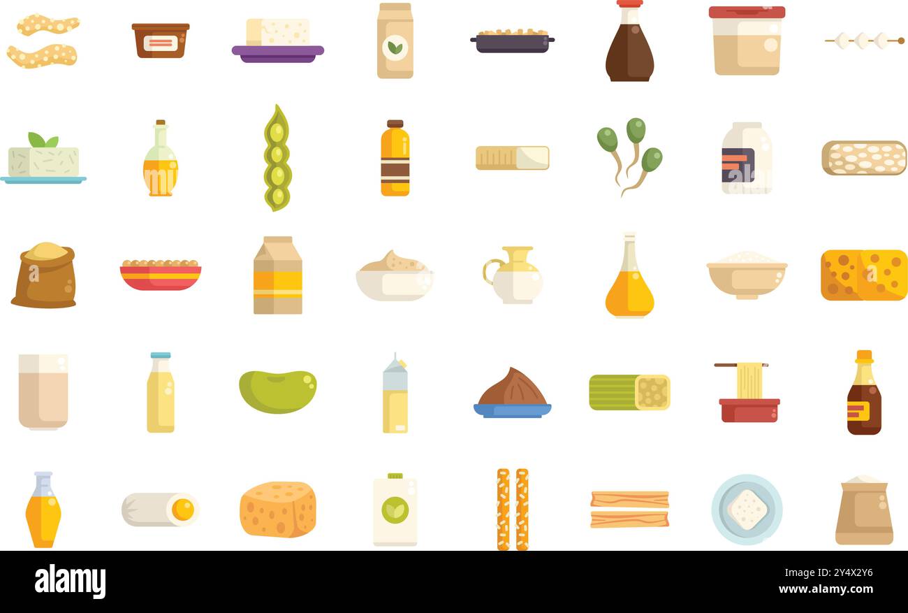 Set of icons showing various types and forms of food made with soybeans ...