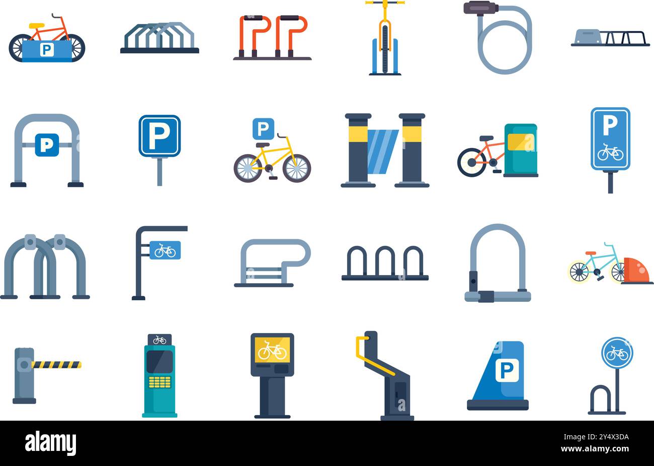 Bicycle parking icon set featuring parking lots, signs, and equipment ...