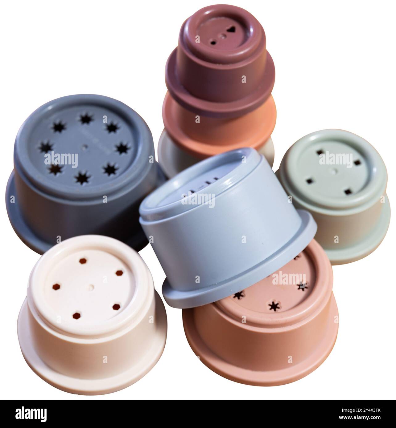 Childrens toy plastic cup pyramid made of multicolored elements Stock ...