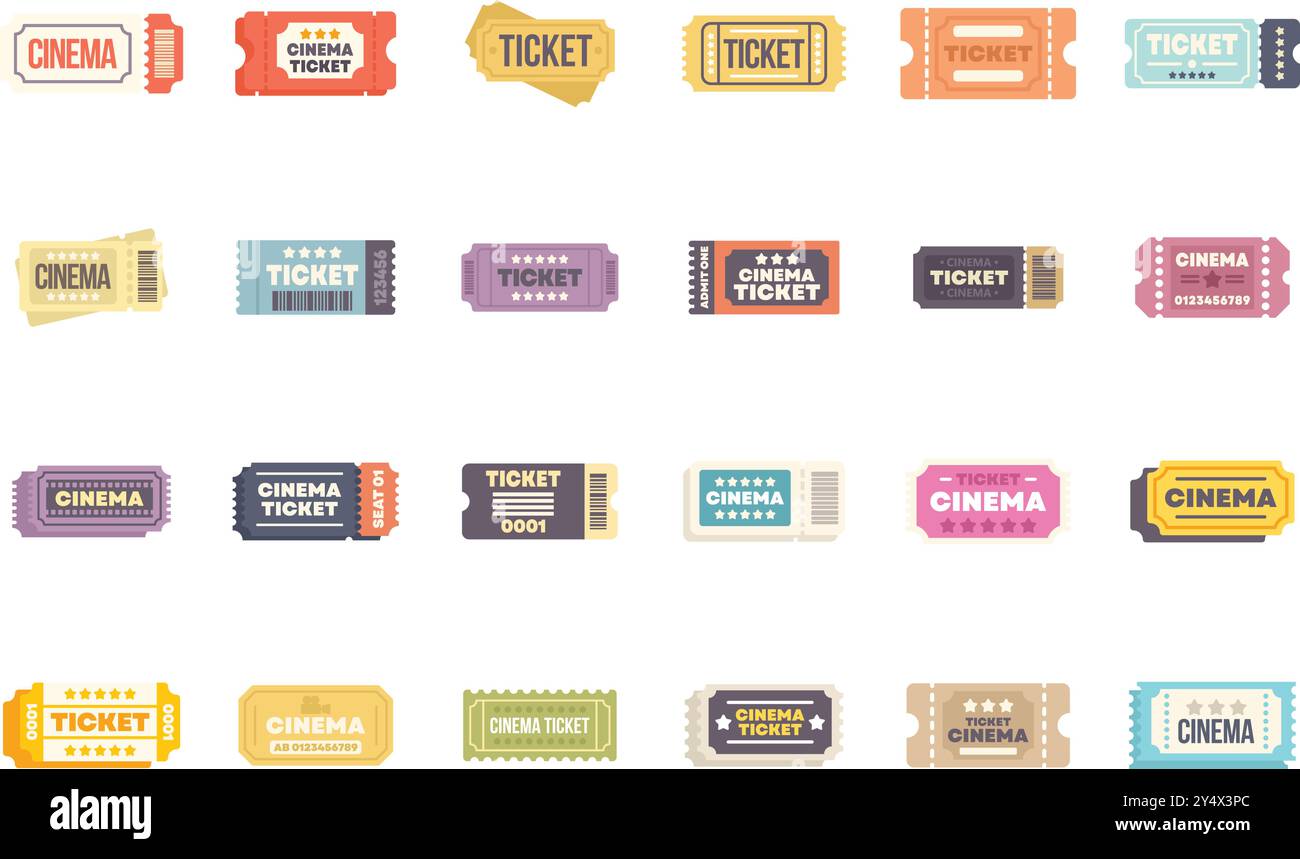 Set of cinema tickets admitting watching movie using vintage retro ...