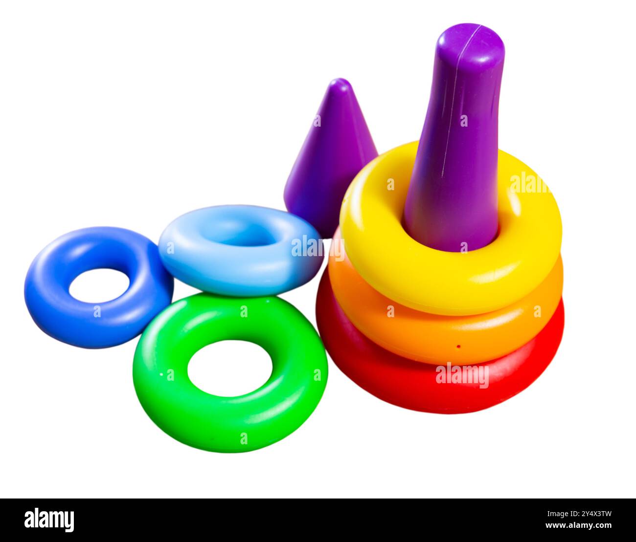 Disassembled rainbow plastic stacking pyramid for children Stock Photo ...