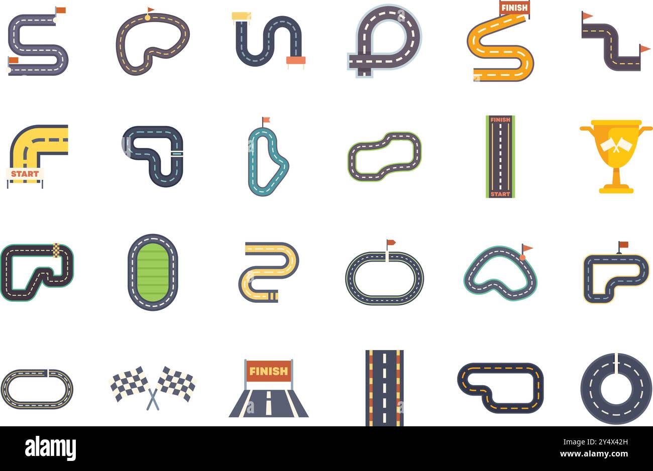 This set of colorful icons is representing different race tracks ...