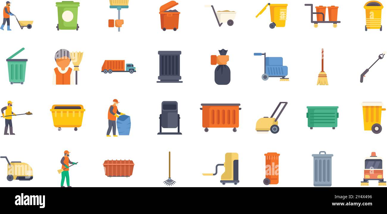 Set of colorful icons depicting garbage collectors working and professional equipment for ...