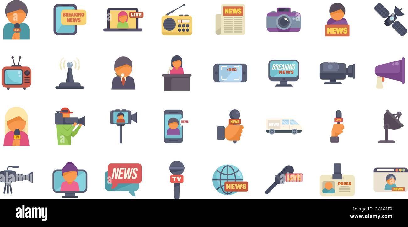 This icon set features journalists reporting breaking news using ...