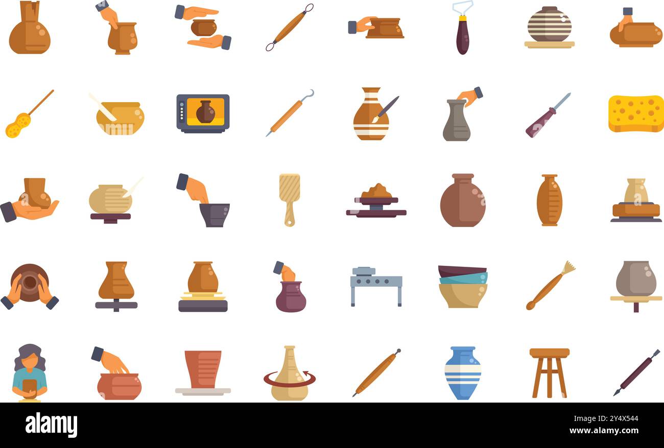 Different stages of creating pottery, modeling on pottery wheel, drying ...