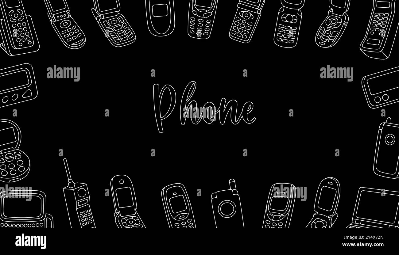 Phones horizontal banner. Retro electronic devices. Mobile with buttons, phone with keypad, flip ...