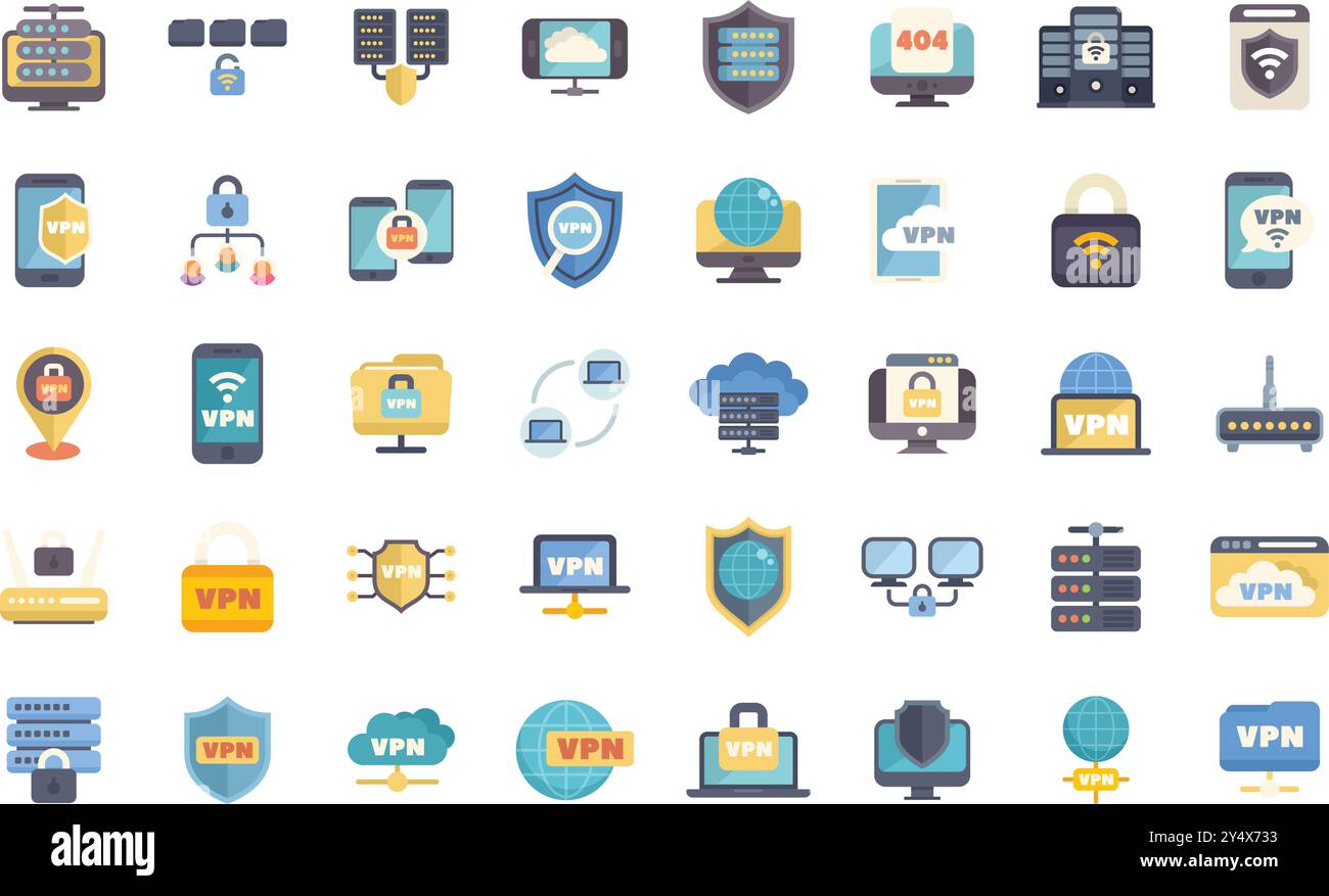 Set of flat icons featuring virtual private networks, representing ...