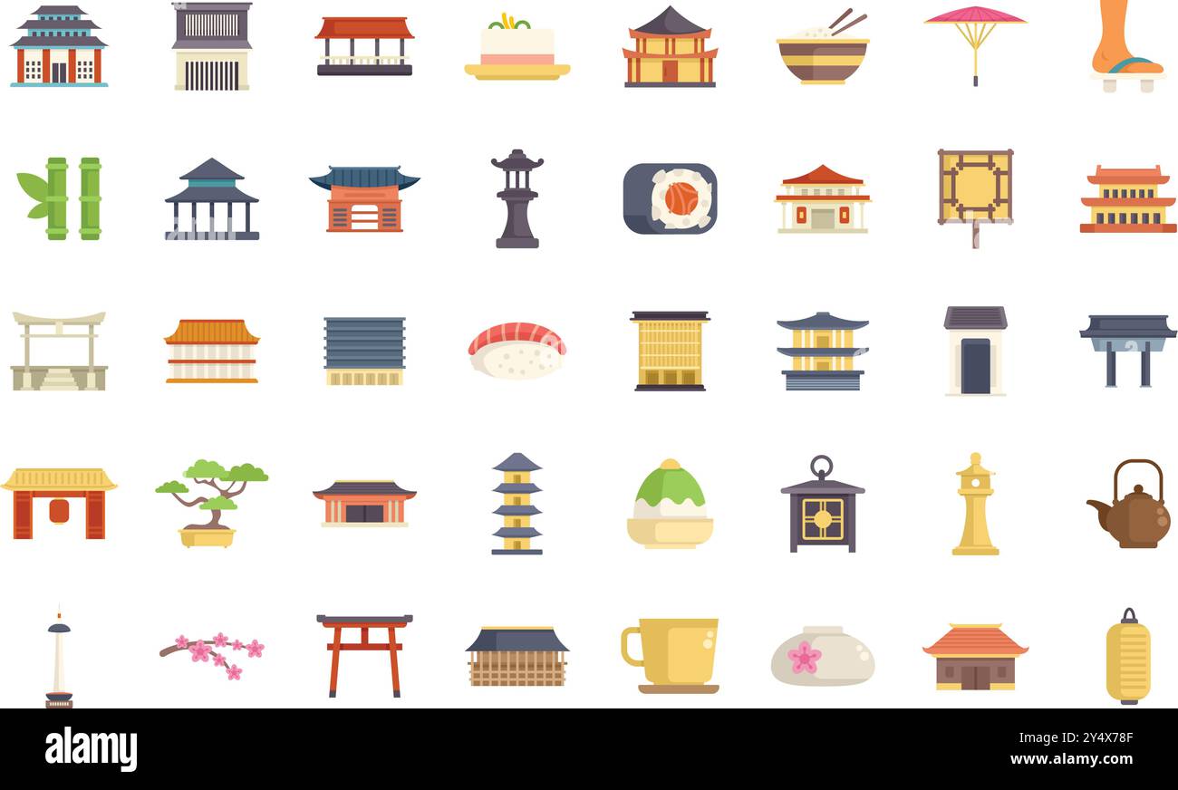 This image is filled with icons representing japanese culture ...