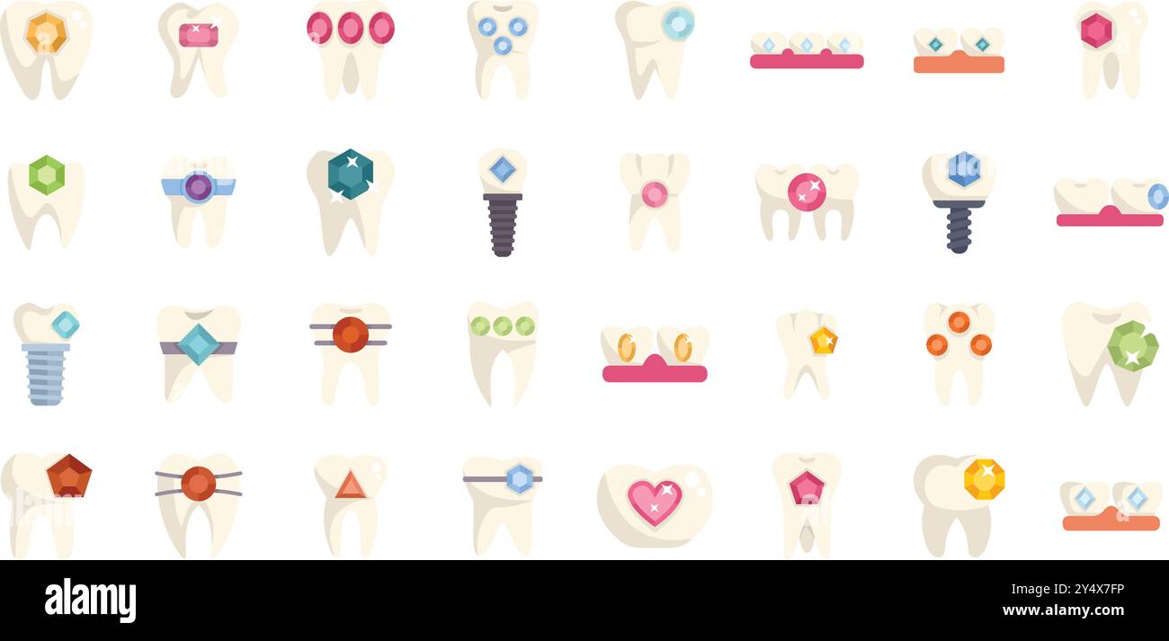 Set of tooth jewelry icons showing different ways of teeth decoration ...