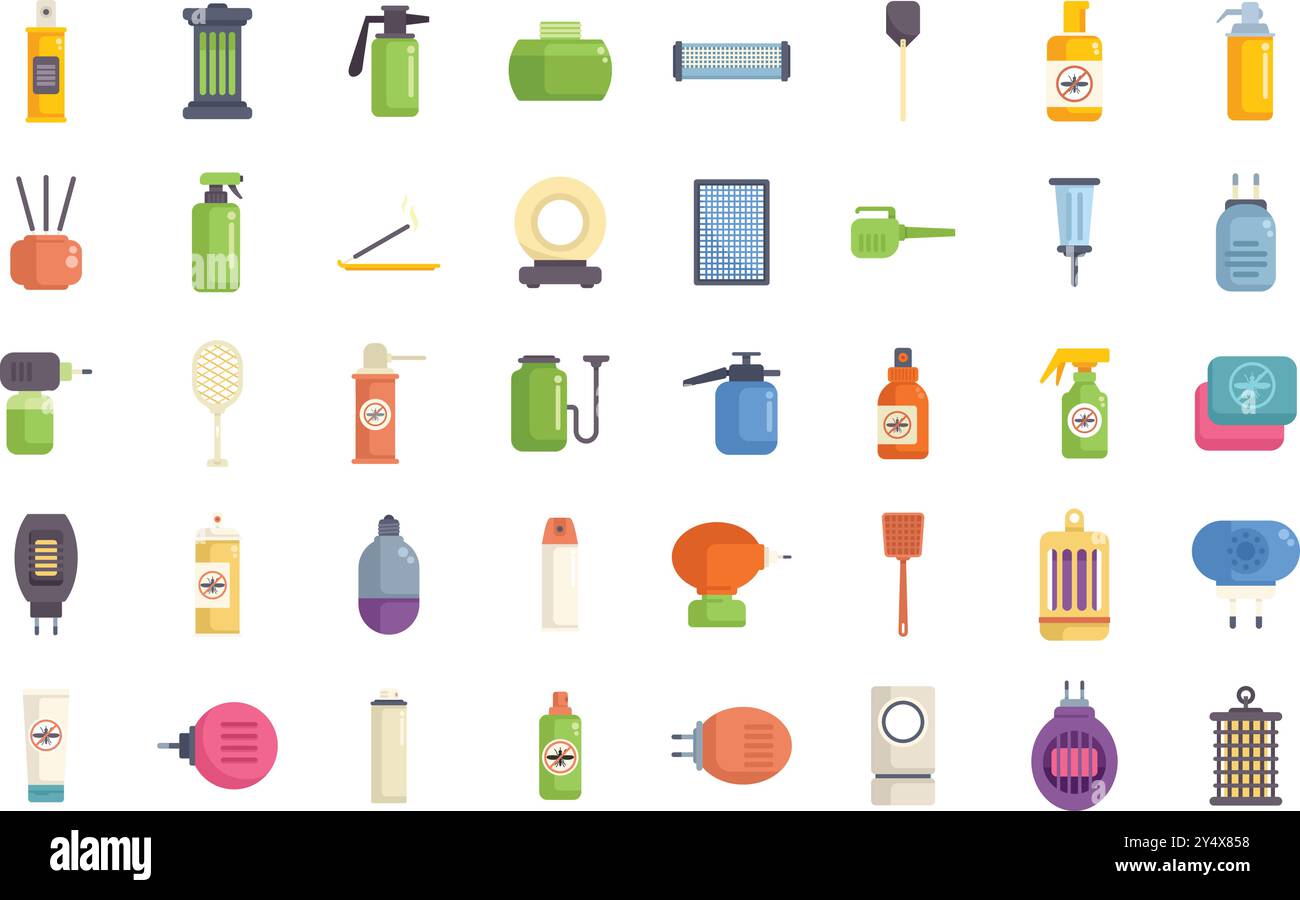 Big set of colorful icons depicting various mosquito repellent devices ...