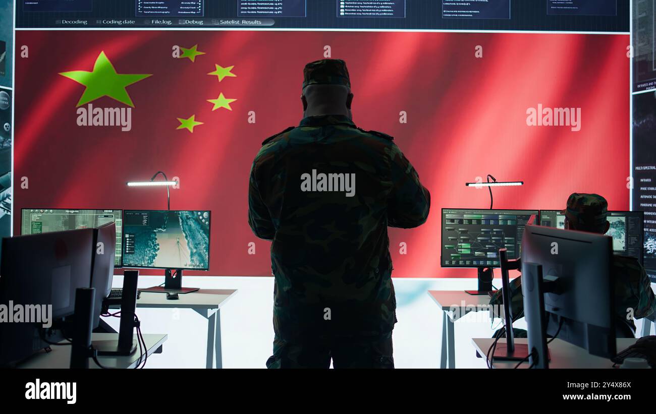 American army working in a command post with green screen, soldiers ...