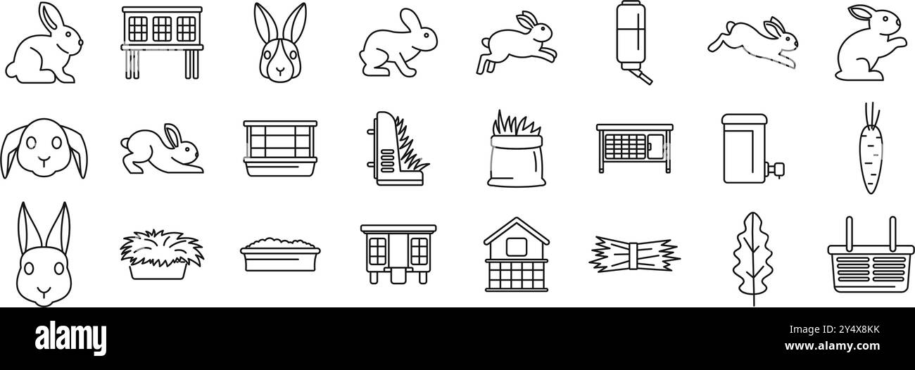 Rabbit breeding icons set. Domestic rabbit breeding and keeping line ...