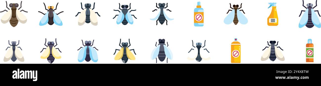 Housefly insects icons set showing different types of flies with ...
