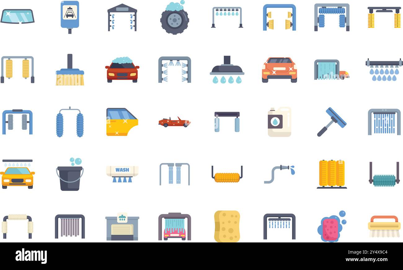 This set of car wash icons represents the process of cleaning and ...