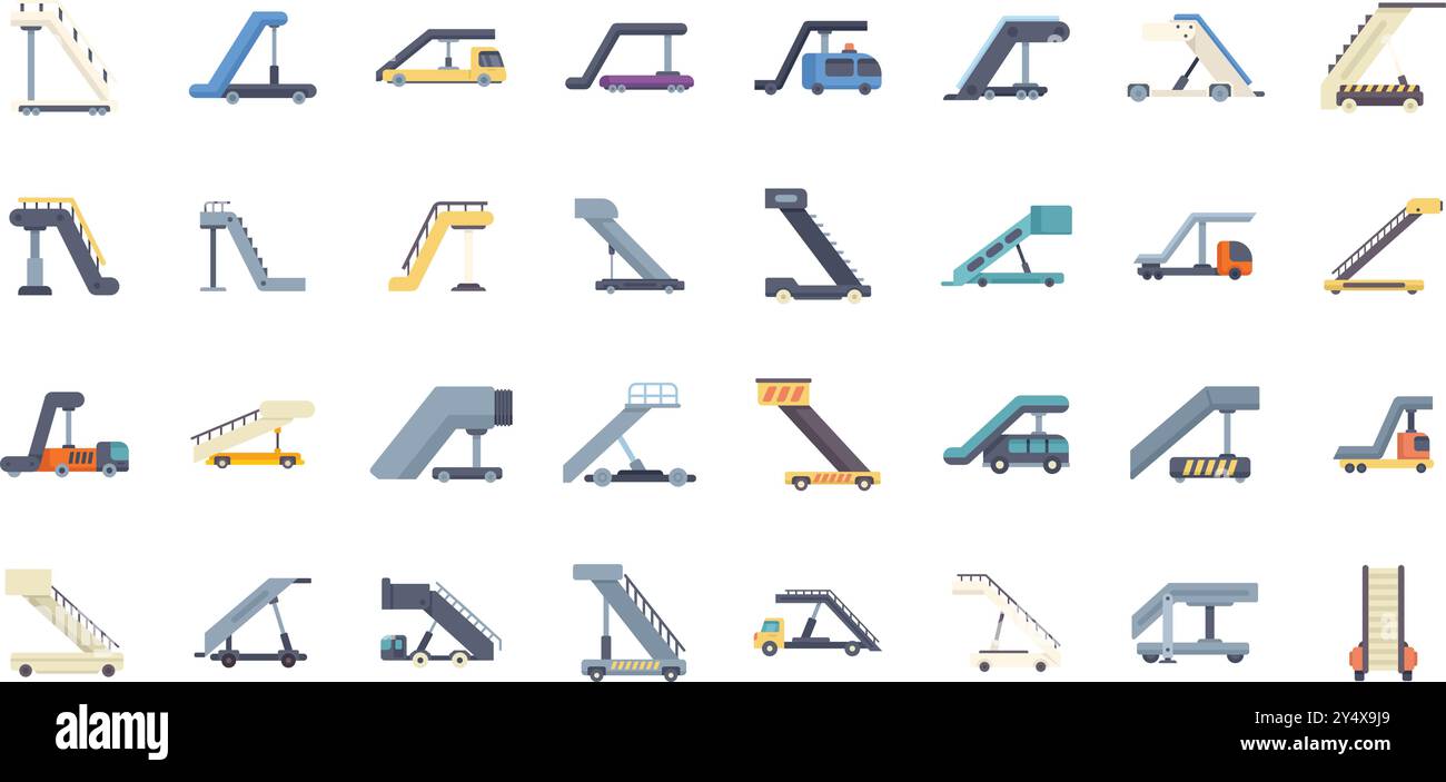 Set of airport boarding ramps and passenger stairs facilitating access ...