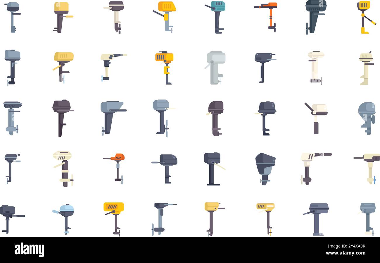 Variety of outboard motors are displayed, showcasing different sizes ...