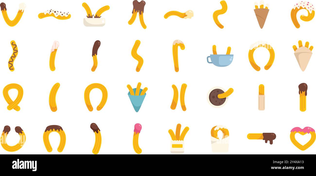Vector illustration set of churros icons with various toppings, dips ...
