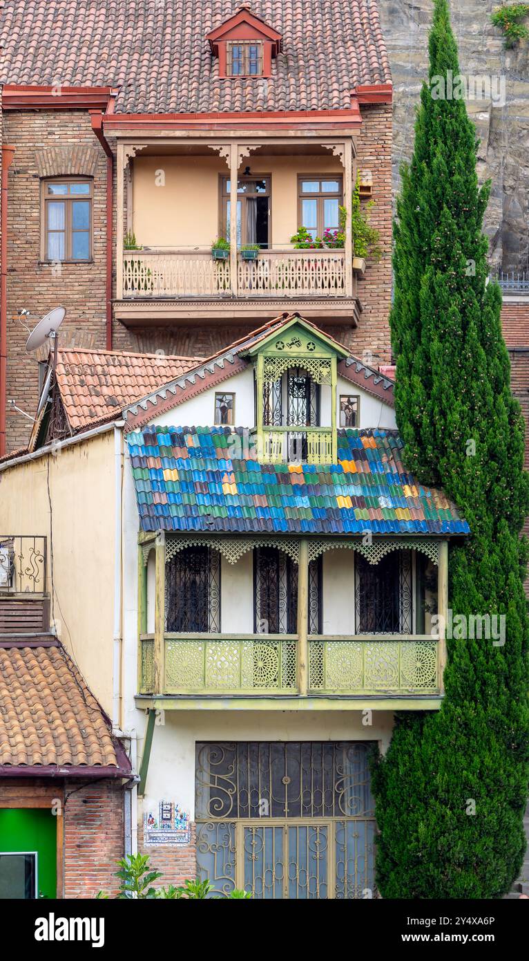 Traditional Georgian craved wooden balcony at Abanotubani district ...