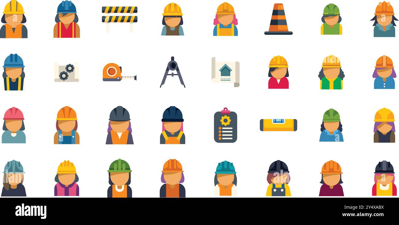 Set of colorful icons representing female construction workers and ...