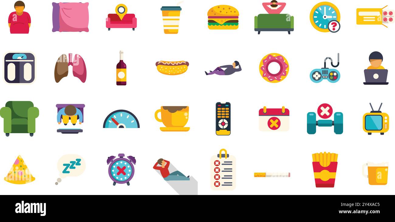 This icon set illustrates the concept of an unhealthy sedentary ...