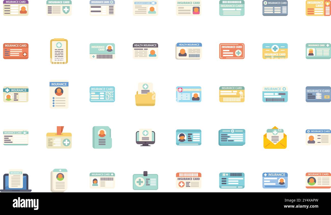 Large set of icons showing health insurance cards providing medical ...