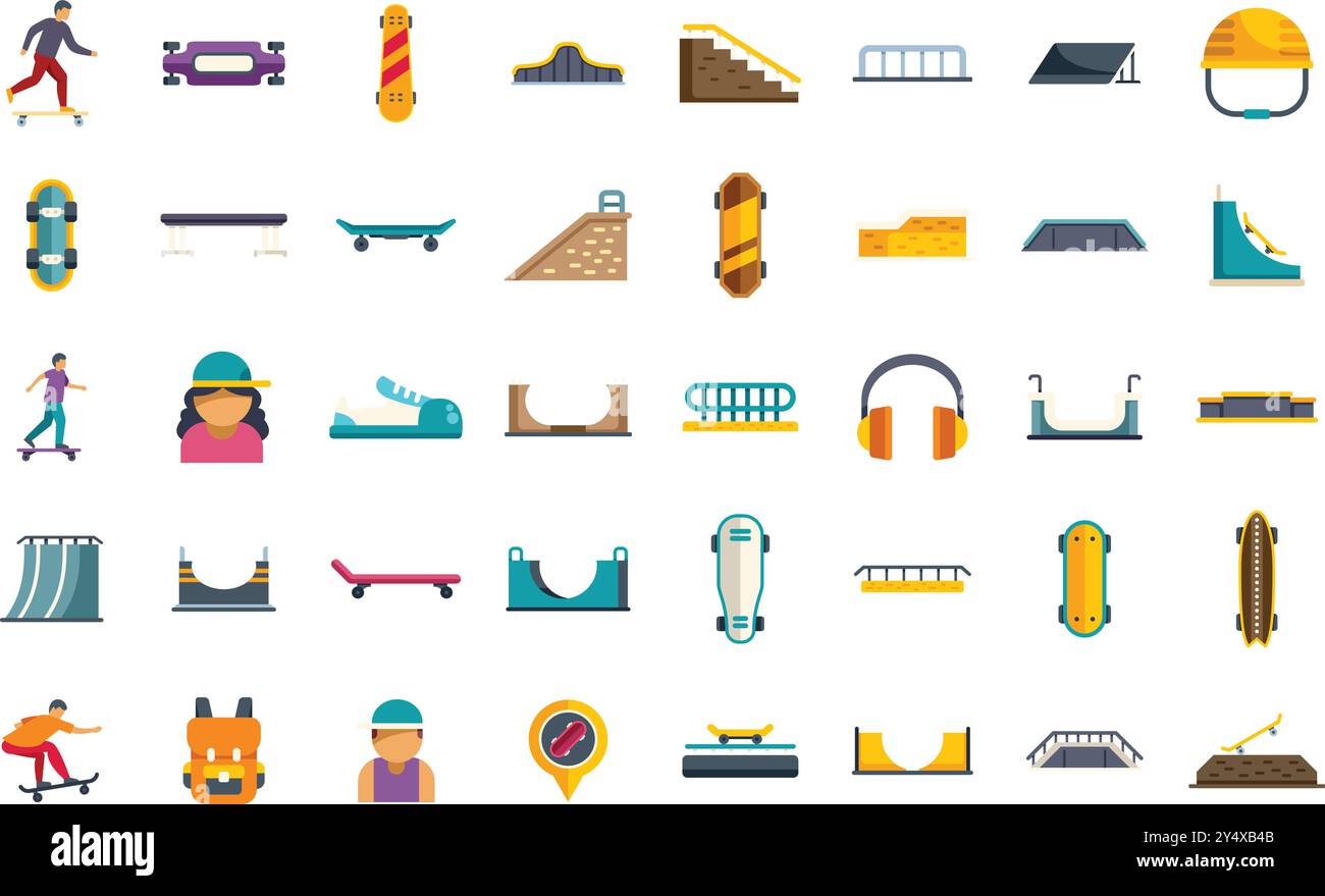 Skateboarding lifestyle icons showing various ramps and equipment Stock ...