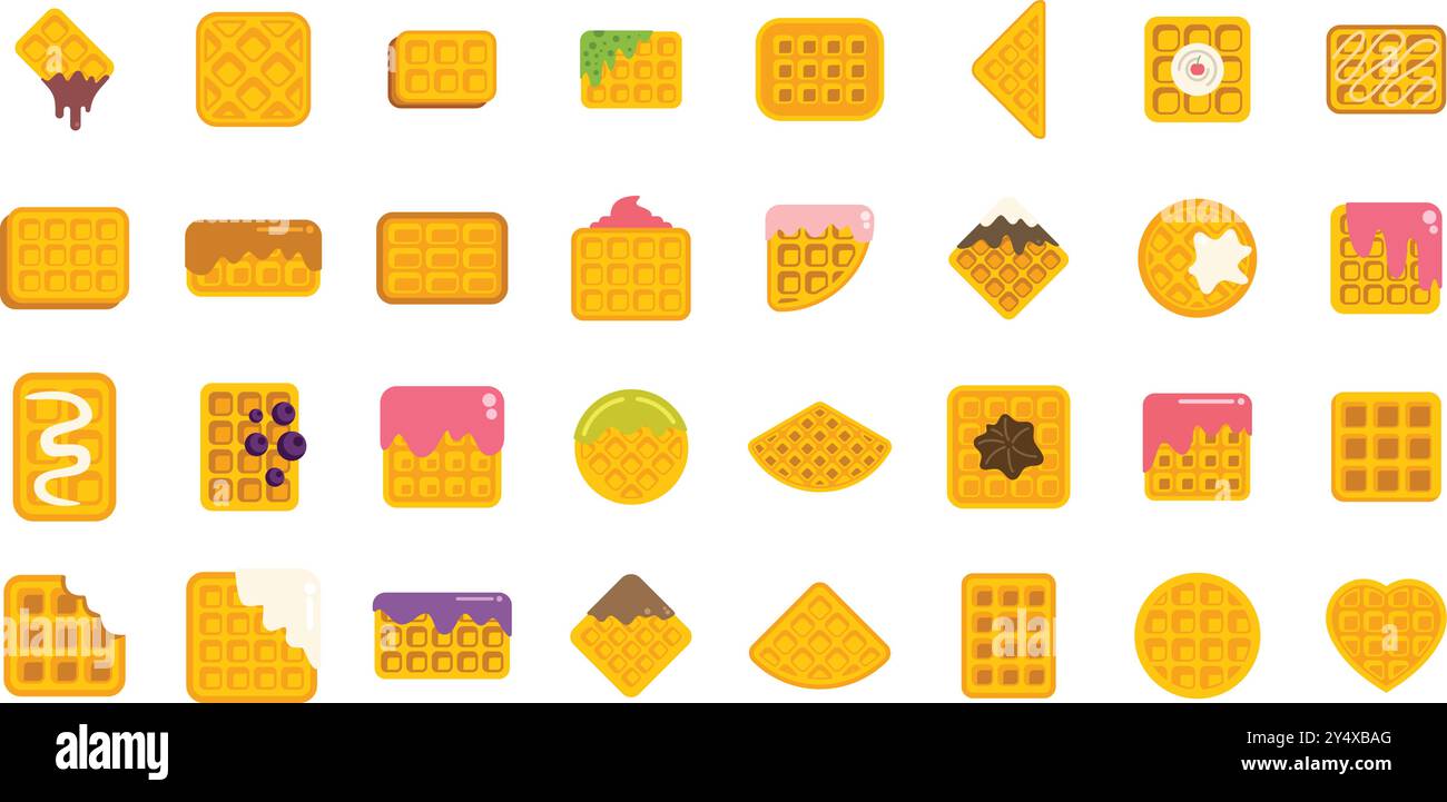 Set of delicious belgian waffles with various toppings showing ...