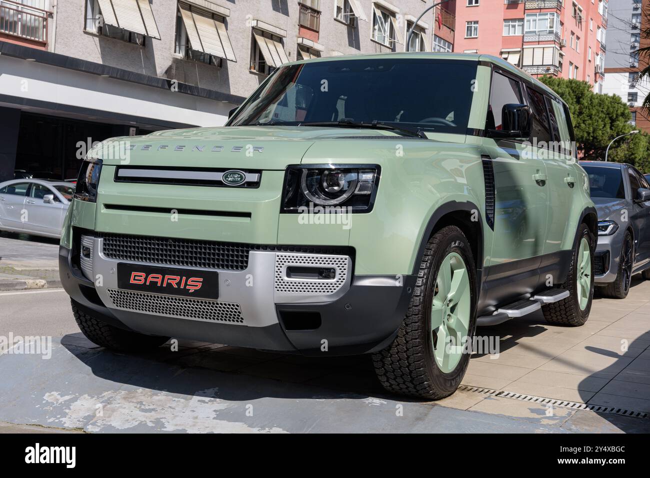 ISTANBUL, TURKEY -APRIL 12, 2024: Land Rover Defender on the showroom ...