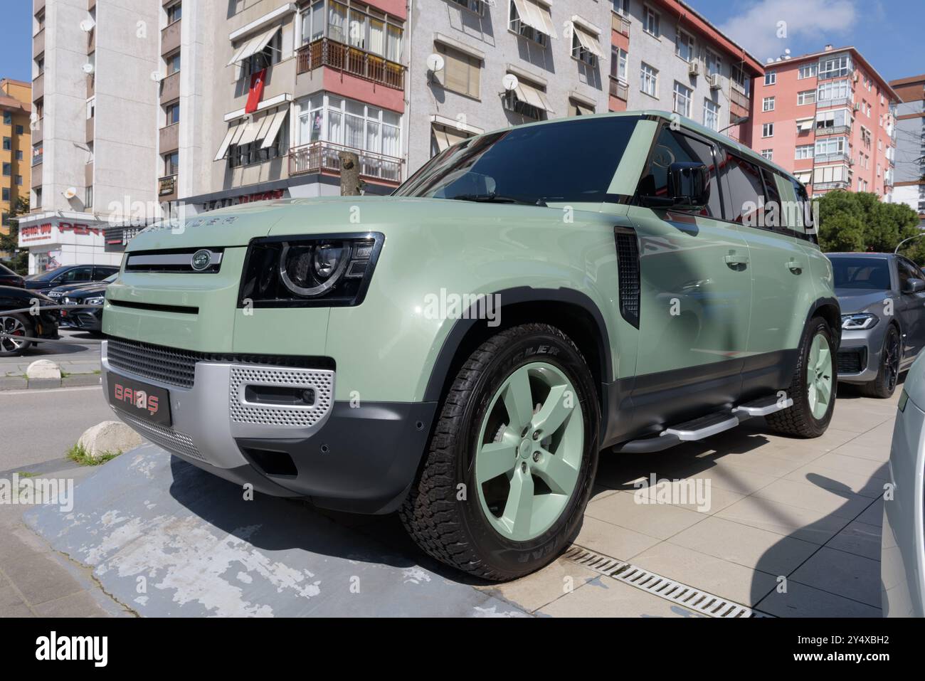 ISTANBUL, TURKEY -APRIL 12, 2024: Land Rover Defender on the showroom ...