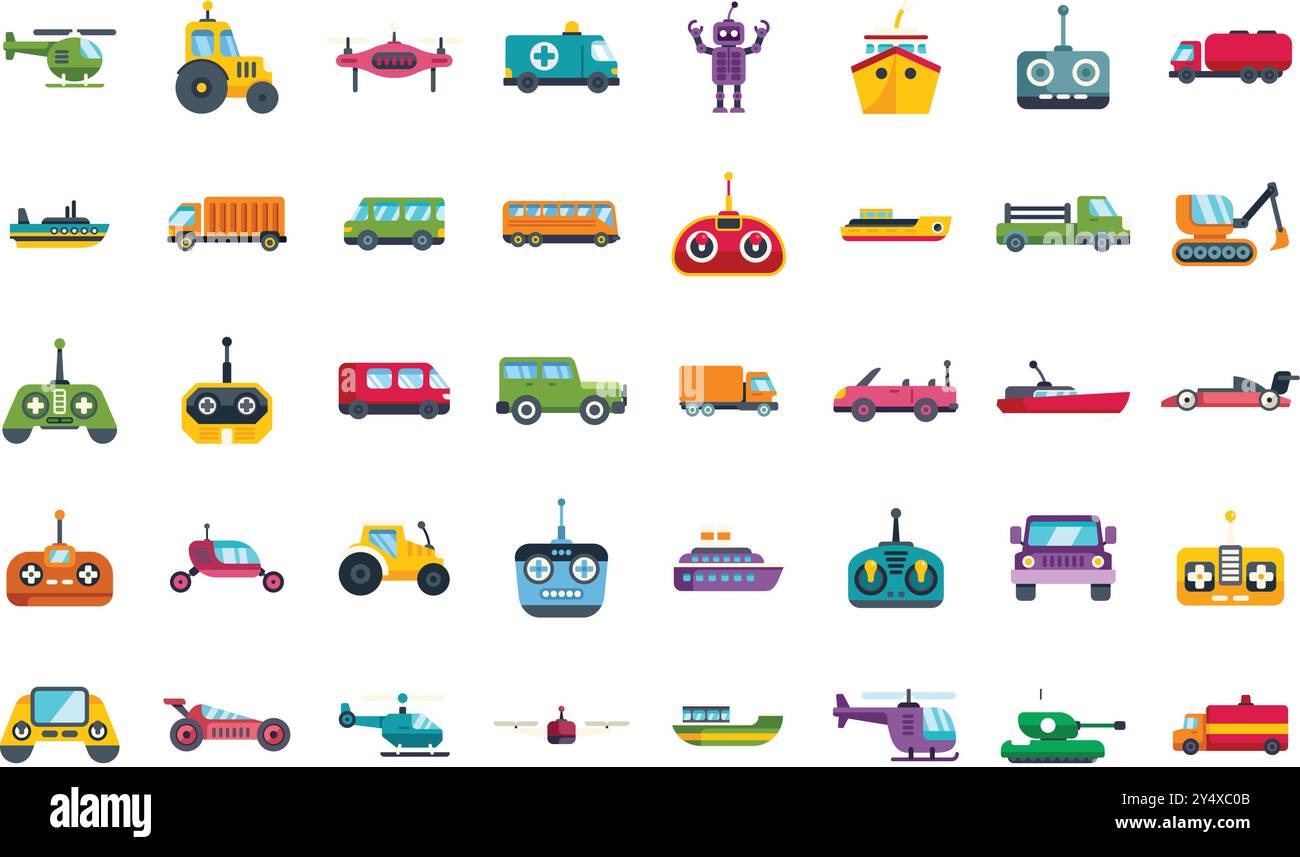 Remote control toys set showing vehicles, boats and aircraft for play ...