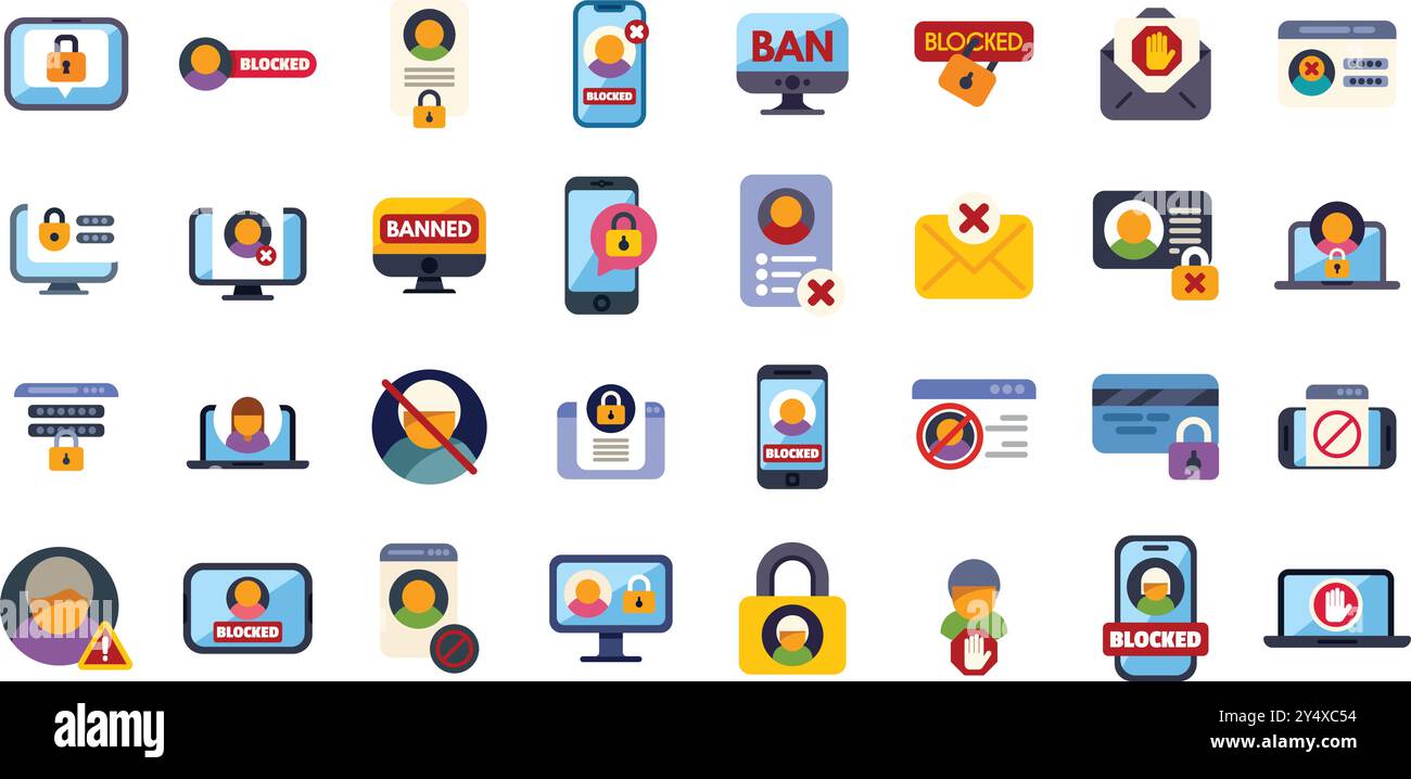 Blocked user account icons set, access denied, restriction, login ...