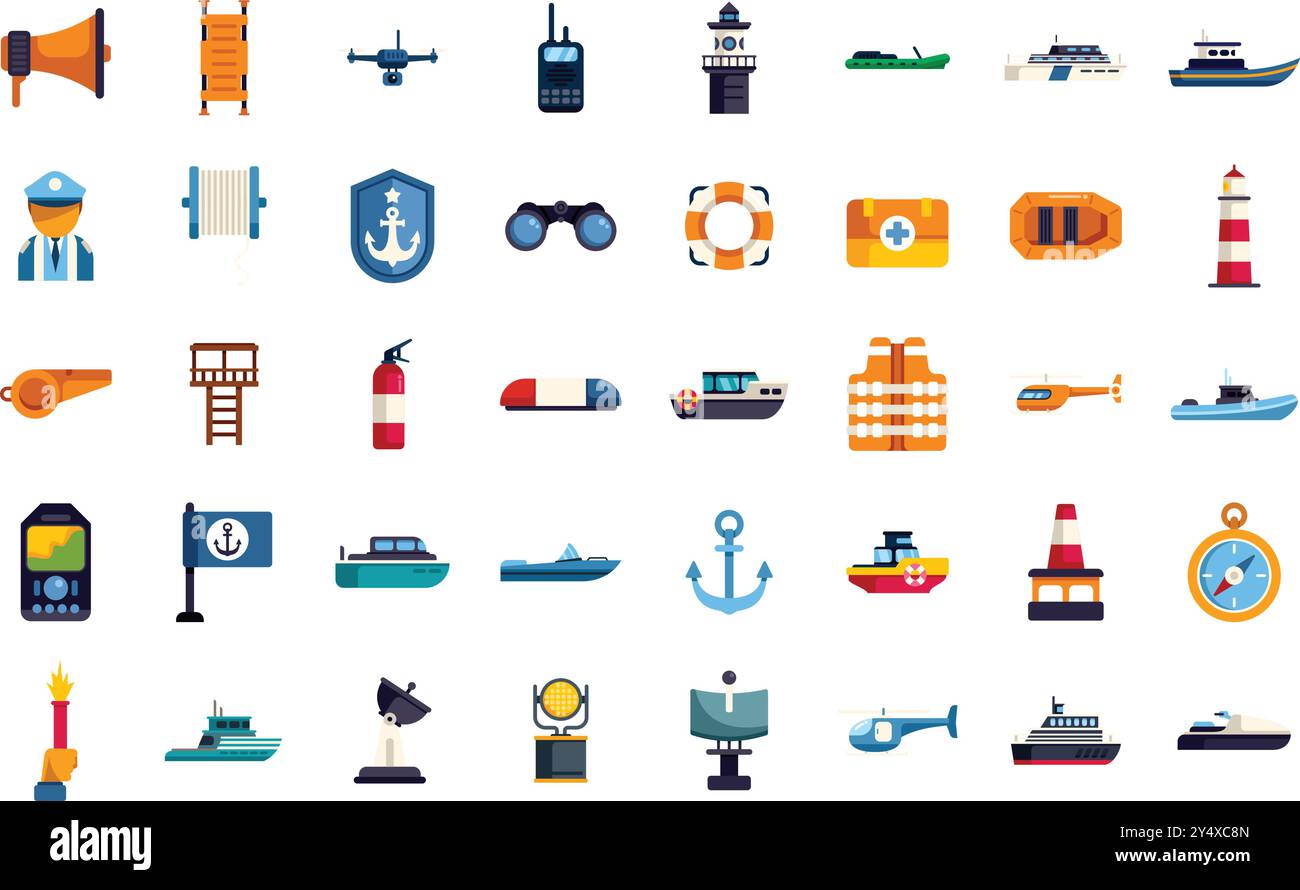 Coast guard is providing maritime safety and security services icon set with flat design style ...