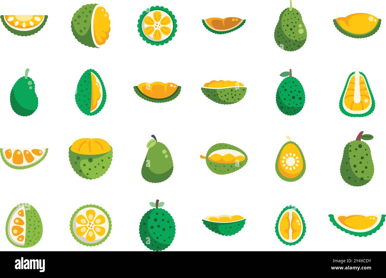 Set of jackfruit slices and whole fruits icons showing different shapes ...