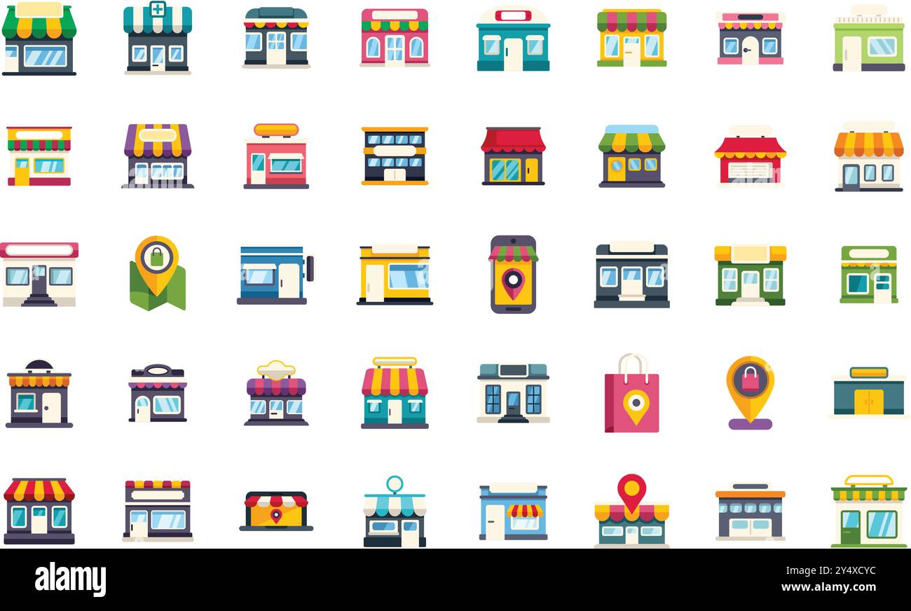 Diverse collection of colorful store front icons is representing ...