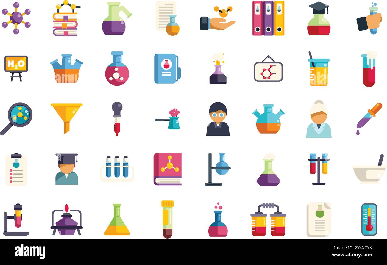 This set of icons depicts chemistry laboratory equipment, researchers ...